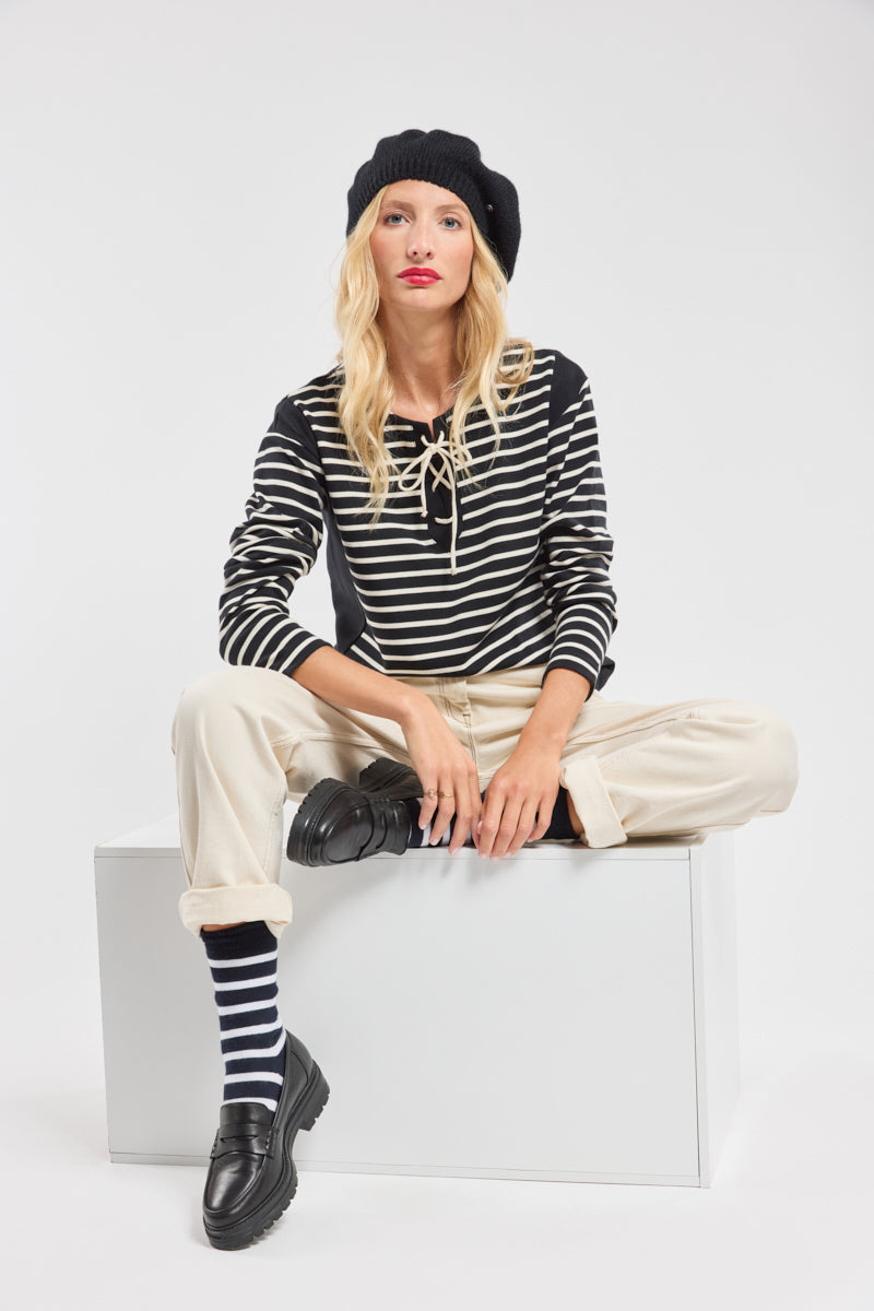 Marinière col lacé - coton épais - Femme - Noir/Nature – Armor-lux