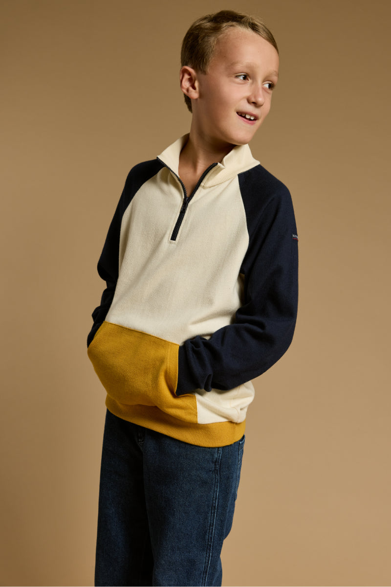 Zip neck sweatshirt Kids - cotton - Kids - Nature/M. Deep/Harvest Gold ...
